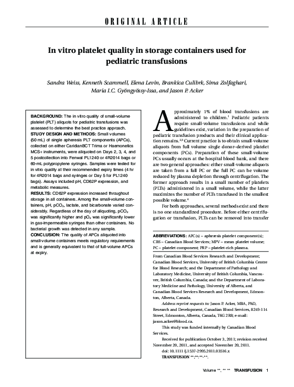 (PDF) In vitro platelet quality in storage containers used for ...