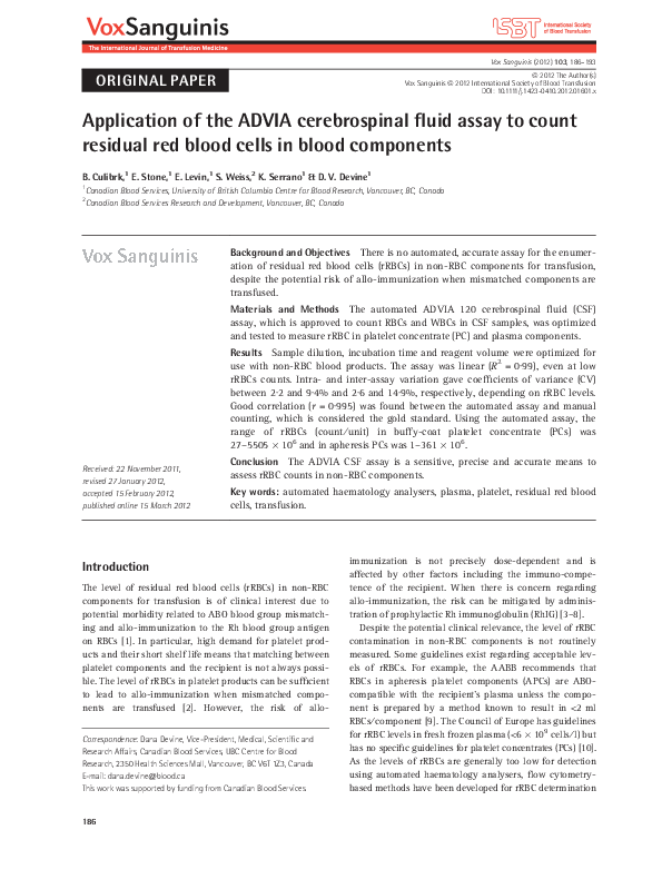 (PDF) Application of the ADVIA cerebrospinal fluid assay to count residual red blood cells in ...