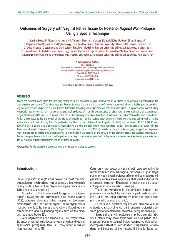 (PDF) Outcomes of Surgery with Vaginal Native Tissue for Posterior ...