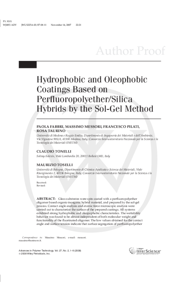(PDF) Hydrophobic and oleophobic coatings based on perfluoropolyether ...