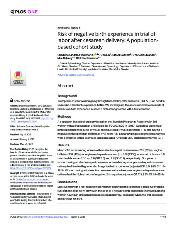 (PDF) Risk of negative birth experience in trial of labor after ...