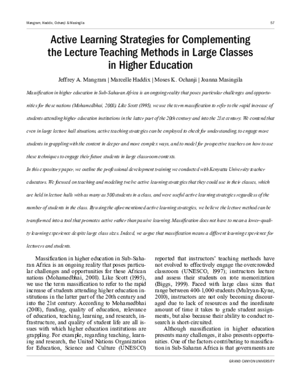 (PDF) Active Learning Strategies for Complementing the Lecture Teaching Methods in Large Classes ...