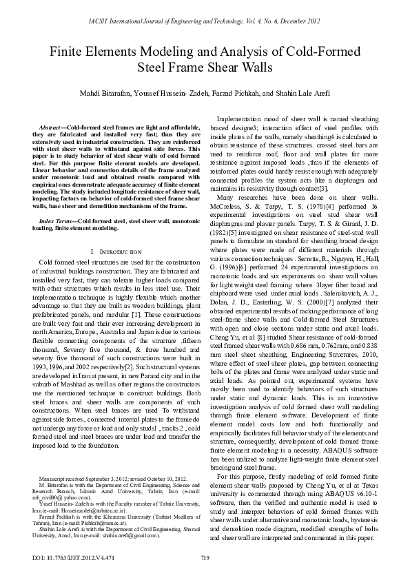 (PDF) Finite Elements Modeling and Analysis of Cold-Formed Steel Frame Shear Walls