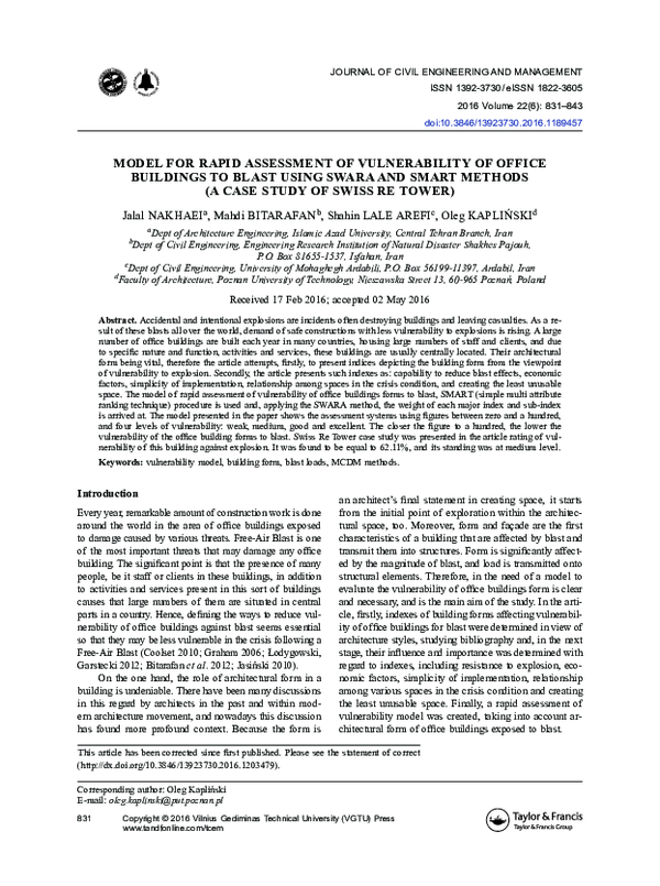 (PDF) Model for Rapid Assessment of Vulnerability of Office Buildings to Blast Using Swara and ...