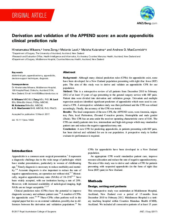 (PDF) Derivation and validation of the APPEND score: an acute appendicitis clinical prediction rule