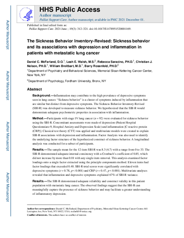 (PDF) The Sickness Behavior Inventory-Revised: Sickness behavior and ...