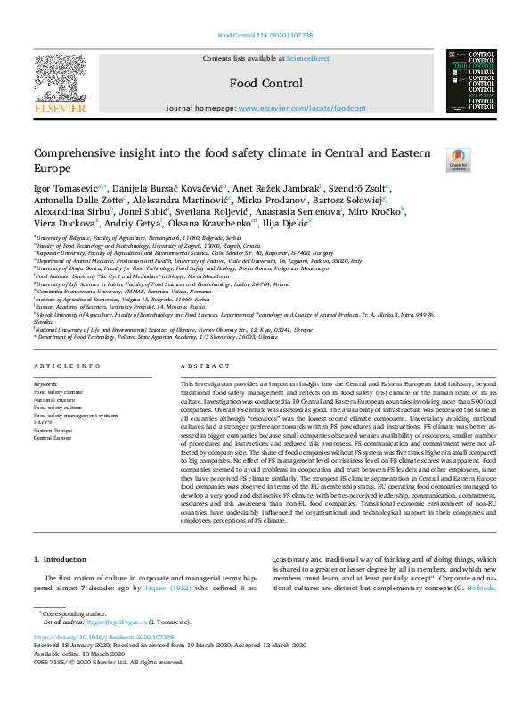 (PDF) Comprehensive insight into the food safety climate in Central and ...