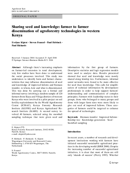 (PDF) Sharing seed and knowledge: farmer to farmer dissemination of ...