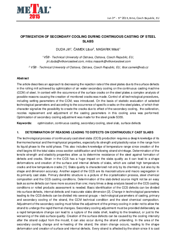 (PDF) Optimization of Secondary Cooling During Continuous Casting of Steel Slabs
