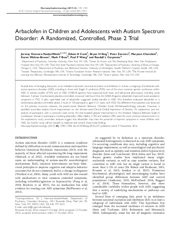 (PDF) Arbaclofen in Children and Adolescents with Autism Spectrum Disorder: A Randomized ...
