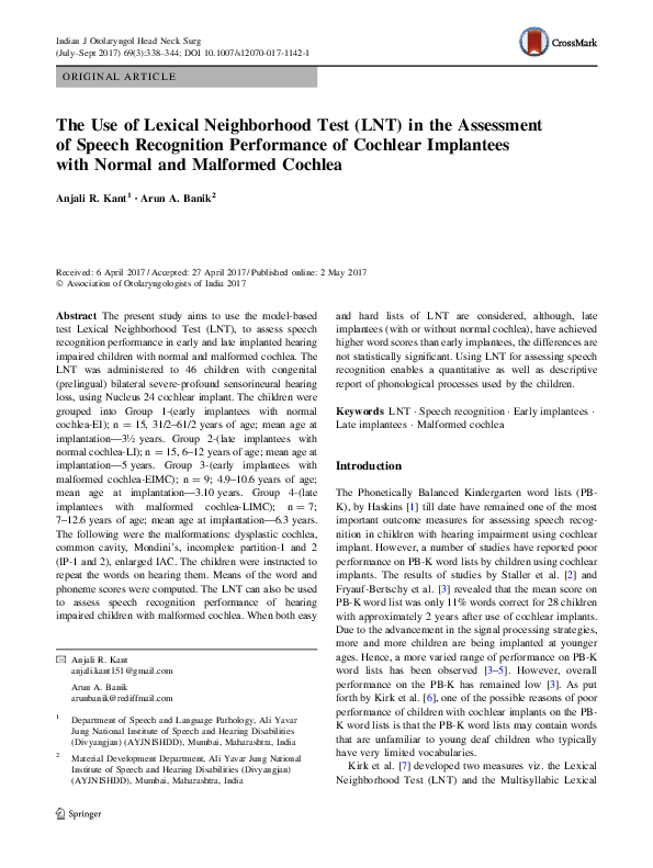 (PDF) The Use of Lexical Neighborhood Test (LNT) in the Assessment of ...