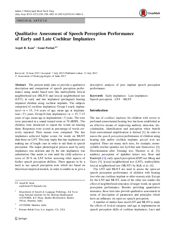 (PDF) Qualitative Assessment of Speech Perception Performance of Early ...