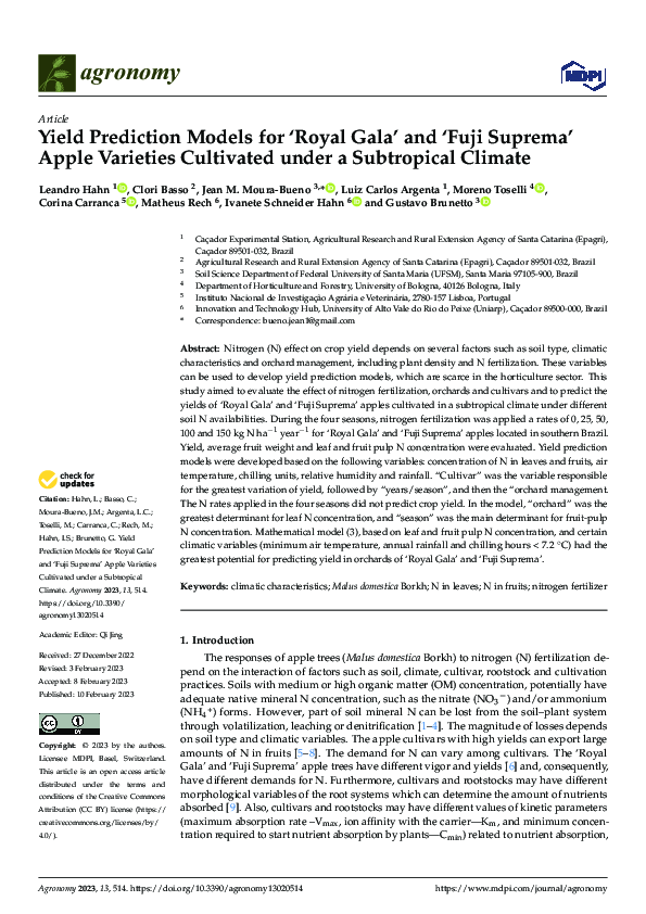 (PDF) Yield Prediction Models for ‘Royal Gala’ and ‘Fuji Suprema’ Apple ...