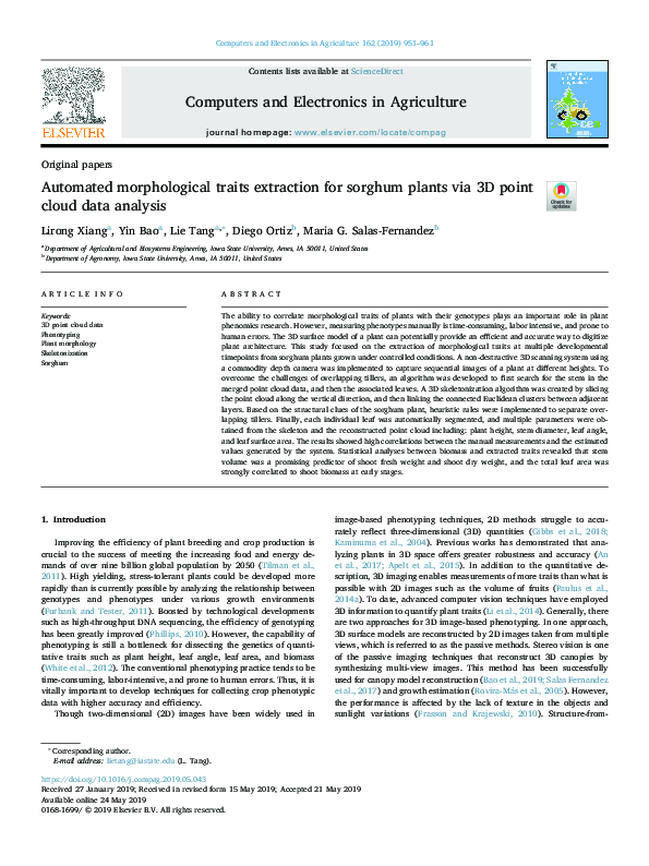 (PDF) Automated morphological traits extraction for sorghum plants via 3D point cloud data analysis