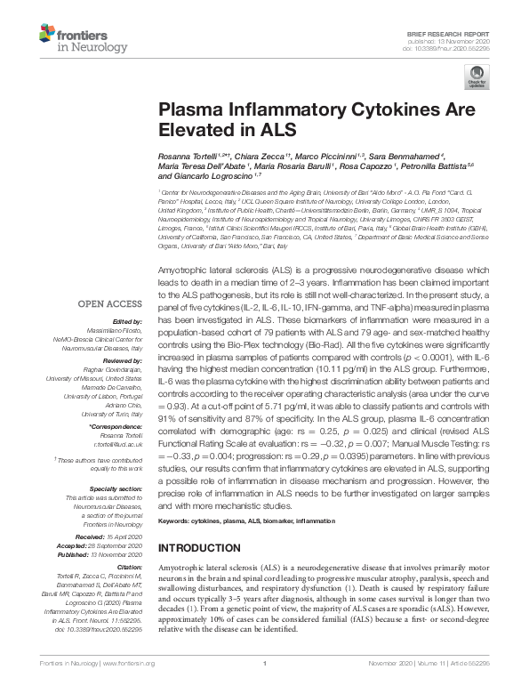 (PDF) Plasma Inflammatory Cytokines Are Elevated in ALS