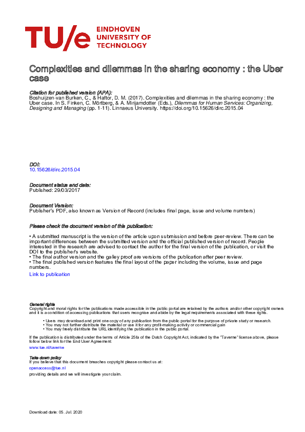 (PDF) Complexities and Dilemmas in the Sharing Economy : The Uber Case