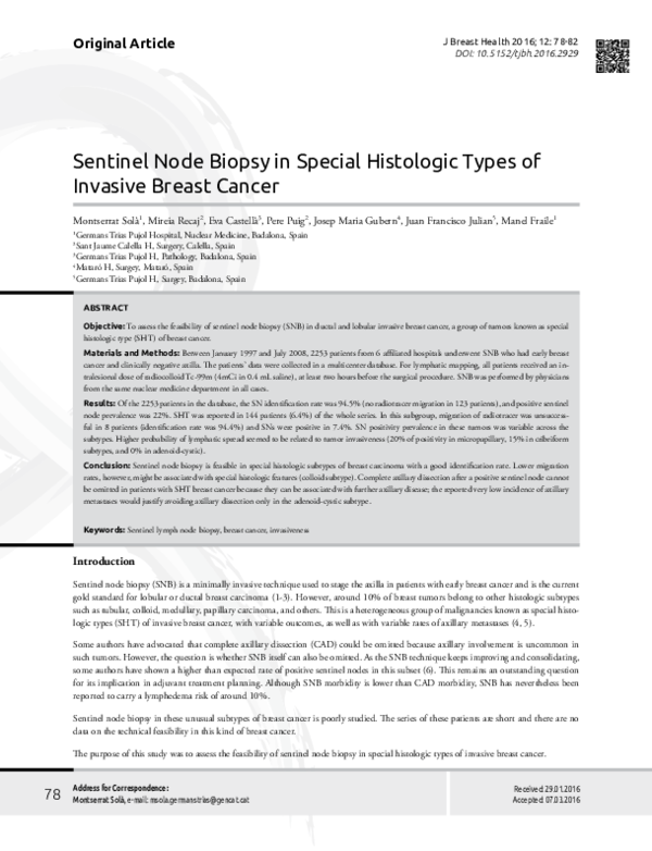 (PDF) Sentinel Node Biopsy in Special Histologic Types of Invasive ...