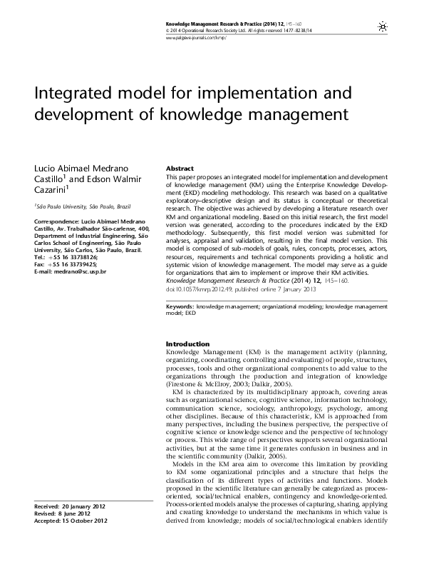 (PDF) Integrated model for implementation and development of knowledge management