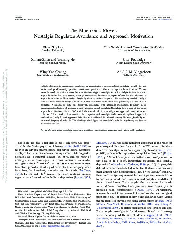 (PDF) The mnemonic mover: Nostalgia regulates avoidance and approach ...