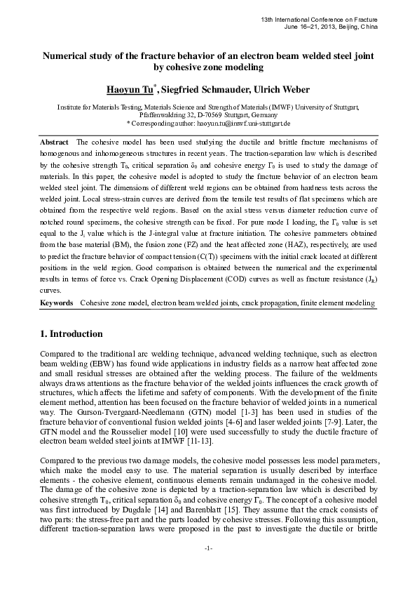 (PDF) Numerical study of the fracture behavior of an electron beam welded steel joint by ...