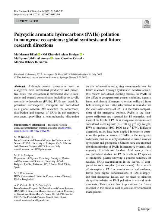 (PDF) Polycyclic aromatic hydrocarbons (PAHs) pollution in mangrove ecosystems: global synthesis ...