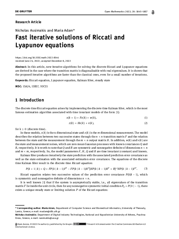 Pdf Fast Iterative Solutions Of Riccati And Lyapunov Equations