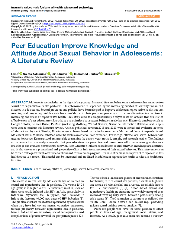 (PDF) Peer Education Improve Knowledge and Attitude About Sexual Behavior in Adolescents: A ...