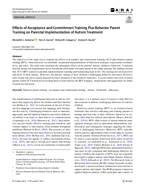 (PDF) Effects of Acceptance and Commitment Training Plus Behavior Parent Training on Parental ...