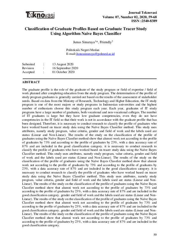 (PDF) Classification of Graduate Profiles Based on Graduate Tracer Study Using Algorithm Naive ...