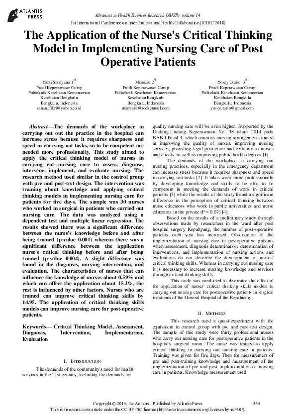 (PDF) The Application of the Nurse's Critical Thinking Model in ...