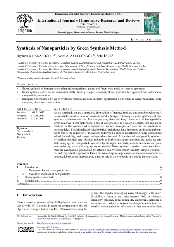 (PDF) Synthesis of Nanoparticles by Green Synthesis Method