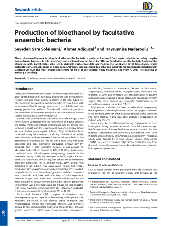(PDF) Production of bioethanol by facultative anaerobic bacteria