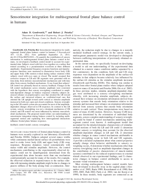 (PDF) Sensorimotor integration for multisegmental frontal plane balance control in humans | Adam ...