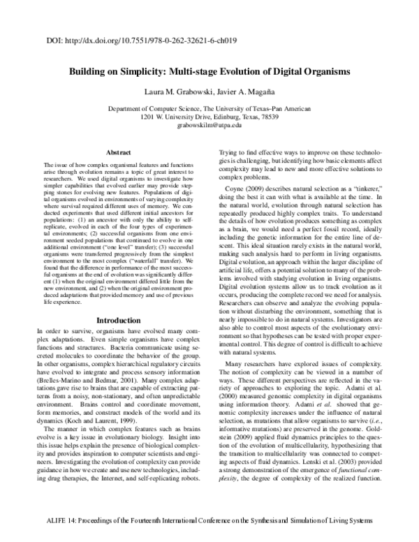 (PDF) Building on Simplicity: Multi-stage Evolution of Digital Organisms