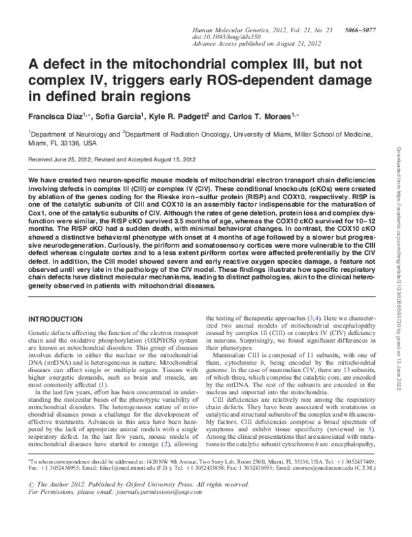 (PDF) A defect in the mitochondrial complex III, but not complex IV ...