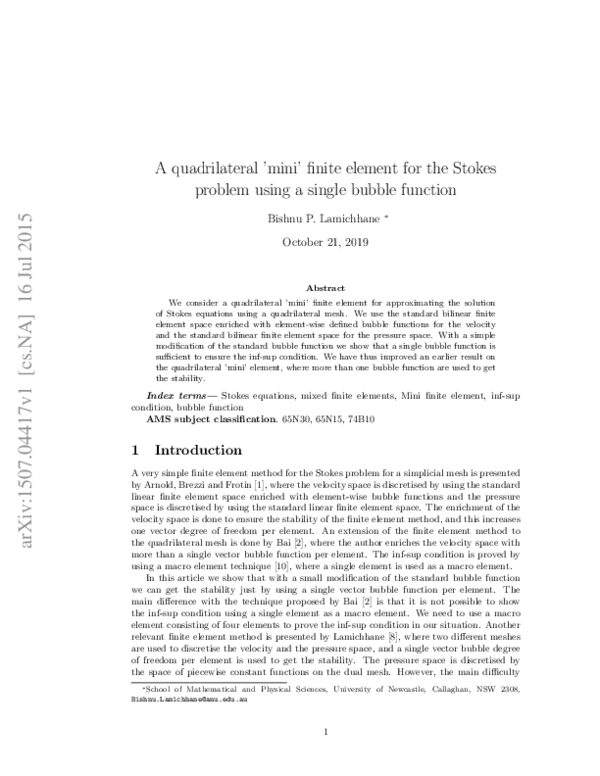 (PDF) A quadrilateral 'mini' finite element for the Stokes problem using a single bubble function