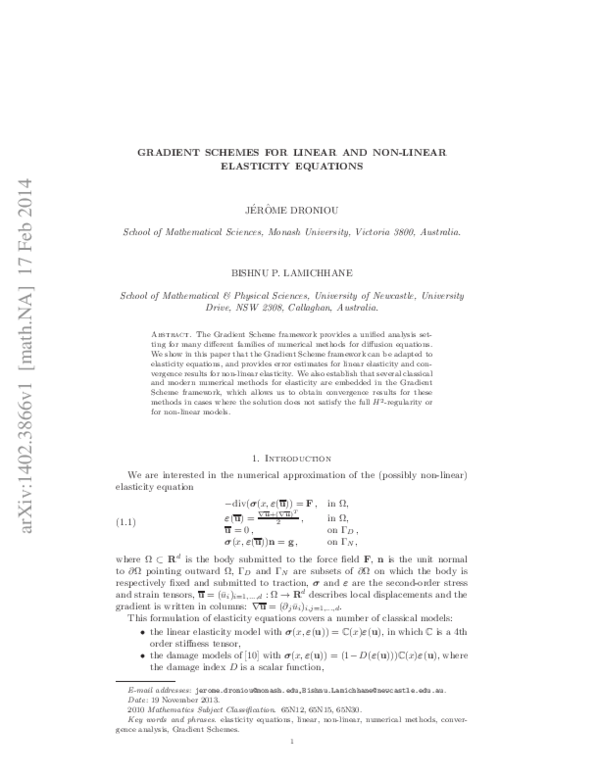 Pdf Gradient Schemes For Linear And Non Linear Elasticity Equations