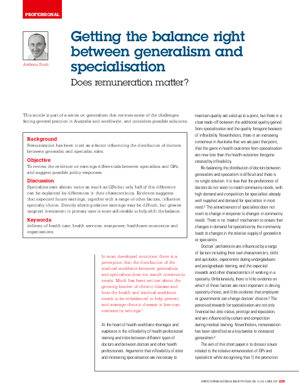 (PDF) Getting the balance right between generalism and specialisation ...