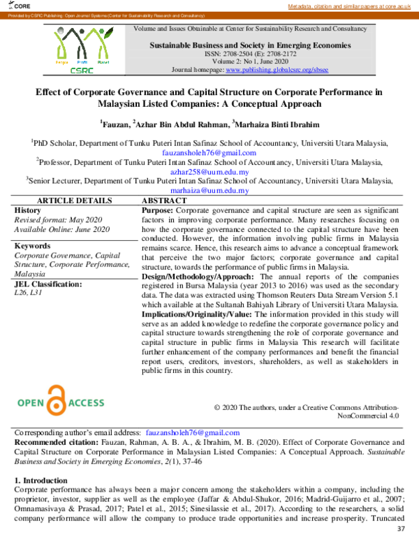 (PDF) Effect of Corporate Governance and Capital Structure on Corporate Performance in Malaysian ...