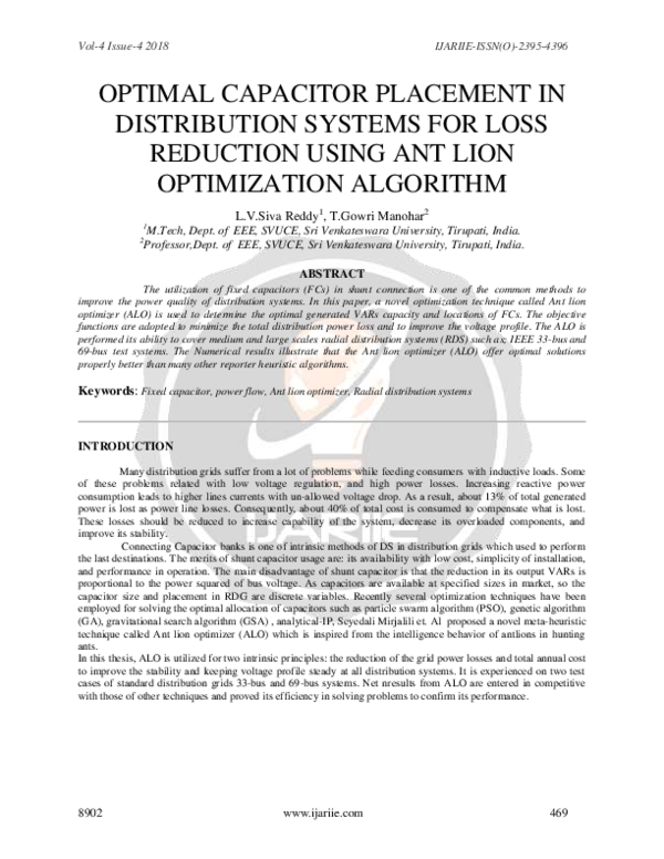 (PDF) Optimal Capacitor Placement for Loss Reduction in Distribution Systems Using Bat Algorithm