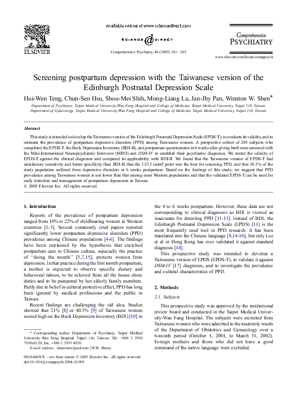 (PDF) Screening postpartum depression with the Taiwanese version of the ...