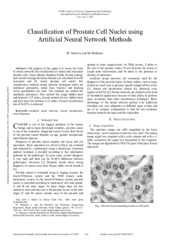 (PDF) Classification of Prostate Cell Nuclei using Artificial Neural Network Methods