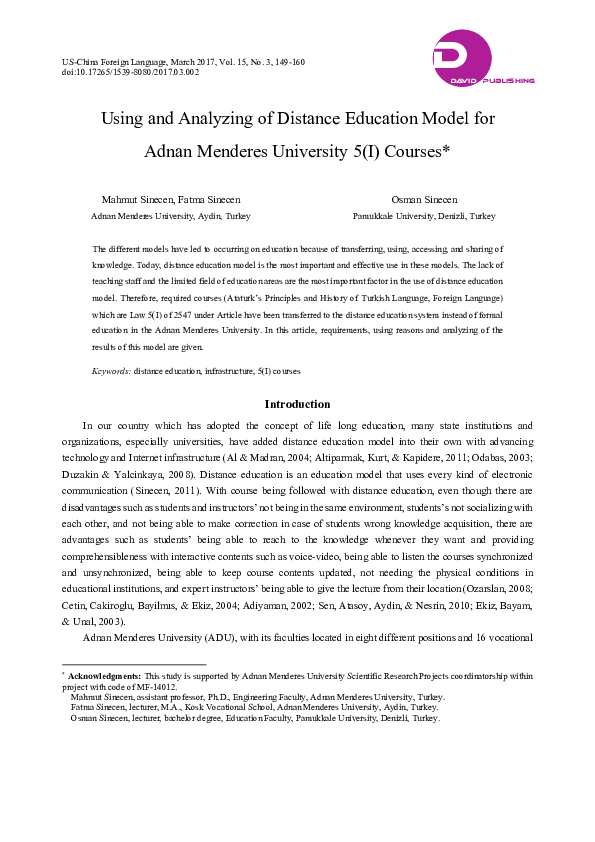 (PDF) Analyzing Distance Education at Adnan Menderes