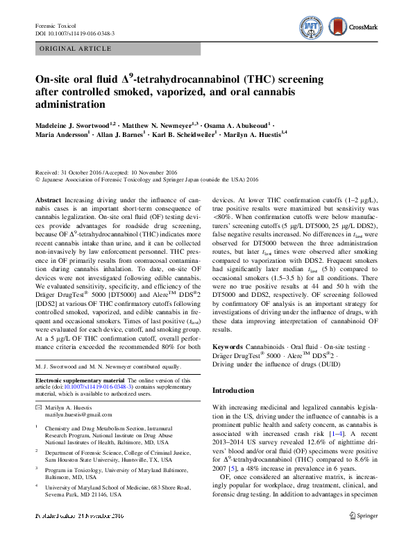 (PDF) On-site oral fluid Δ9-tetrahydrocannabinol (THC) screening after controlled smoked ...