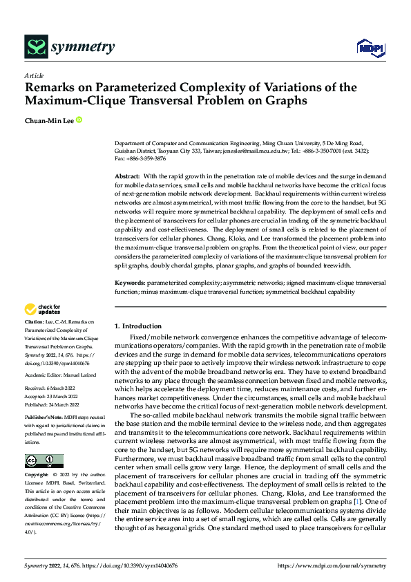 (PDF) Remarks on Parameterized Complexity of Variations of the Maximum-Clique Transversal ...