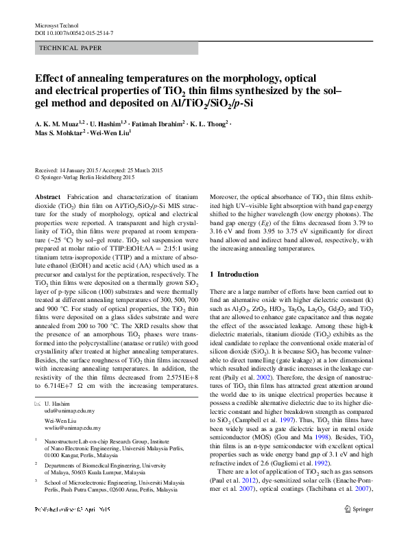 Pdf Effect Of Annealing Temperatures On The Morphology Optical And Electrical Properties Of