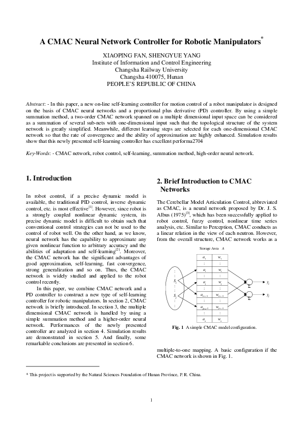 (PDF) A CMAC Neural Network Controller for Robotic Manipulators | Xiaoping Fan - Academia.edu