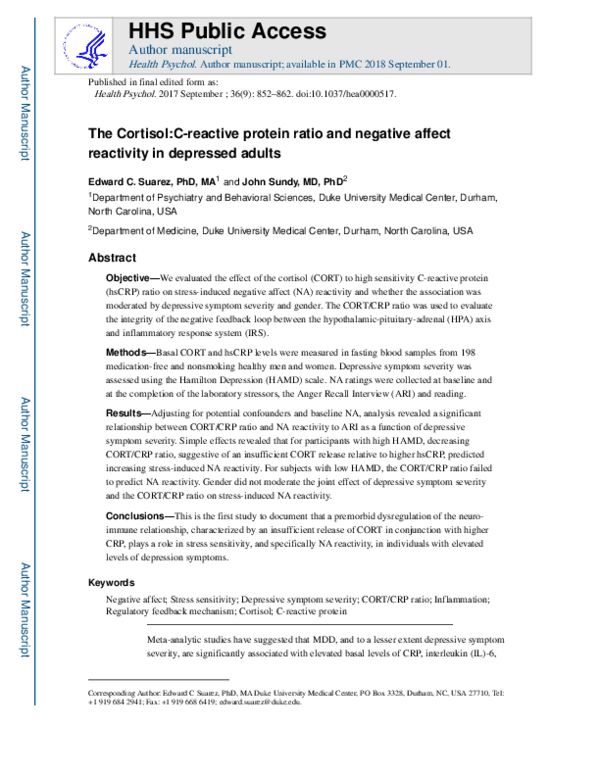 (PDF) The cortisol:C-reactive protein ratio and negative affect ...