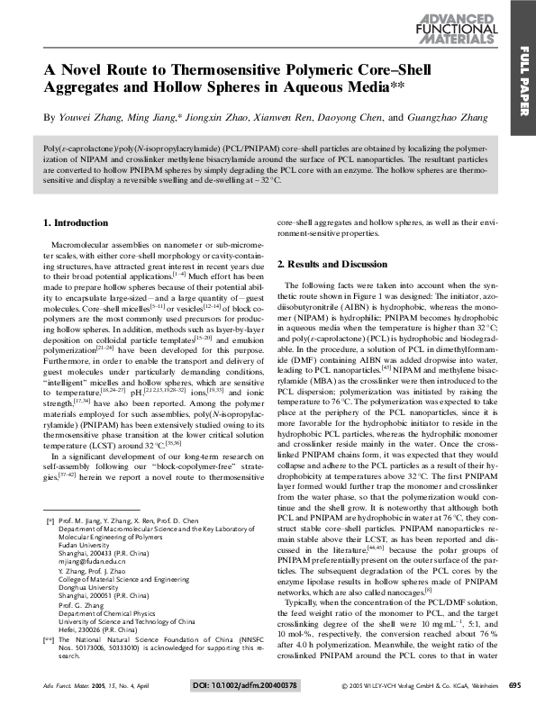 (PDF) A Novel Route to Thermosensitive Polymeric Core-Shell Aggregates ...
