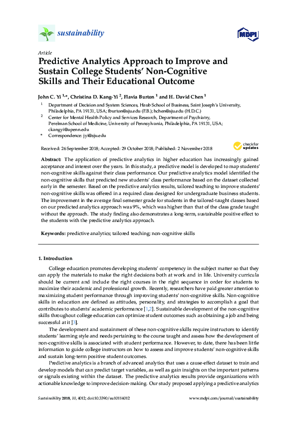 (PDF) Predictive Analytics Approach to Improve and Sustain College Students’ Non-Cognitive ...